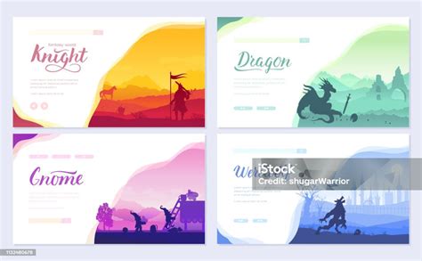 다양 한 판타지 세계의 집합입니다 옛 신화와 동화에서 판타지 생물 전단지 웹 배너 Ui 헤더 사이트를 입력의 템플릿 초대장 개념 배경입니다 레이아웃 현대 슬라이더 페이지