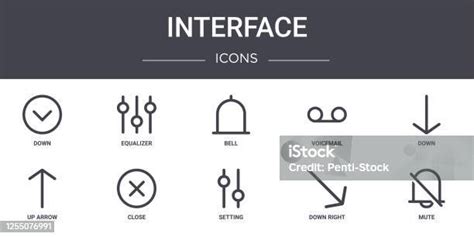 인터페이스 개념 선 아이콘 설정 이퀄라이저 음성 메일 업 화살표 설정 오른쪽 아래 음소거 다운 벨과 같은 웹 로고 Ui Ux에 사용할 수있는 아이콘이 포함되어 있습니다 날씬