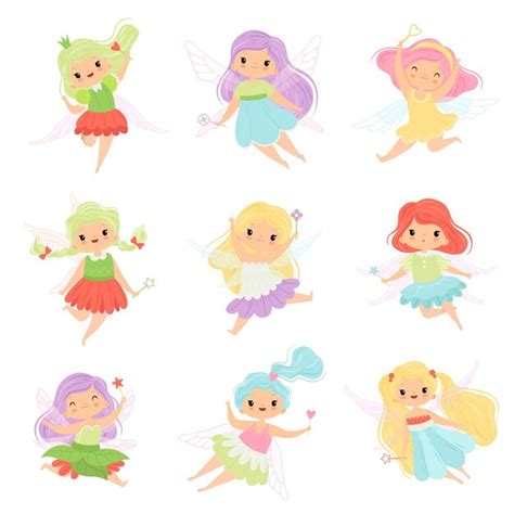 Premium Vector Cute Little Fairies In Colorful Dresses Set Beautiful Winged Flying Girls
