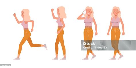 여성 라이프 스타일 세트는 분홍색 셔츠 컬러 캐릭터 벡터 디자인을 착용합니다 감정 달리기 서기 및 걷기로 다양한 행동으로