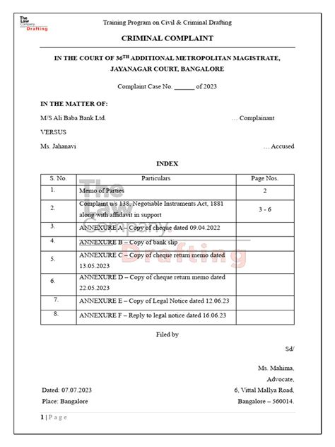 Criminal Complaint Template Pdf Cheque Common Law