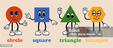 얼굴 감정 손과 다리를 가진 재미있는 만화 기본 기하학적 인물 다른 모양 원 사각형 삼각형 육각형 트렌디한 복고풍 만화 스타일의 만화 요소 벡터 일러스트 레이 션 0명에
