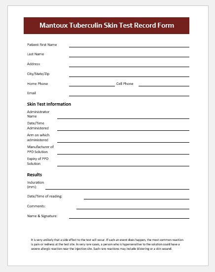 Printable Tb Skin Test Form Printable Free Templates
