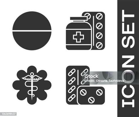 물집 팩에 알 약을 설정 약 알 약 또는 태블릿 스틱 및 의학 병 및 알 약 아이콘과 응급 스타 의료 기호 Caduceus 뱀 벡터 0명에 대한 스톡 벡터 아트 및 기타