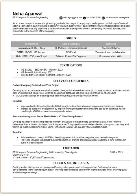 BE Computer Science Fresher Best Resume Format