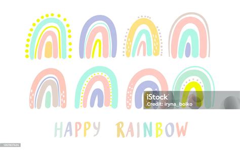 손으로 그린 귀여운 무지개 프린트의 세트 아기 직물 직물 및 베이비 샤워 카드를위한 무지개 프린트 0명에 대한 스톡 벡터 아트 및 기타 이미지 Istock