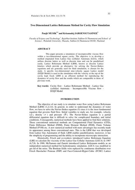 pdf two dimensional lattice boltzmann method for cavity flow