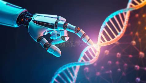 Closeup Robot Hand Touching A Dna Chain Artificial Intelligence Technology Concept Science