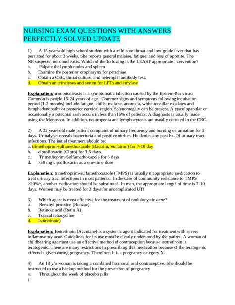 Nursing Exam Questions With Answers Perfectly Solved Update Exams Nursing Docsity