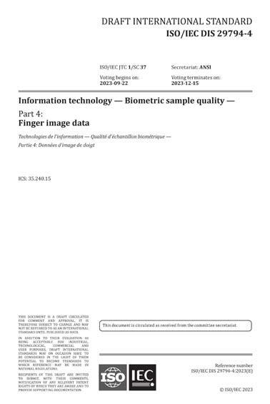 ISO IEC DIS Information Technology Biometric Sample Quality Part Finger