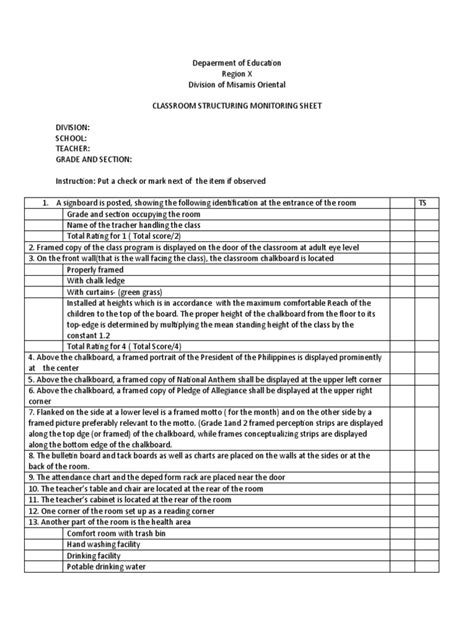 Classroom Structuring Evaluation Checklist Pdf Classroom Human Nature