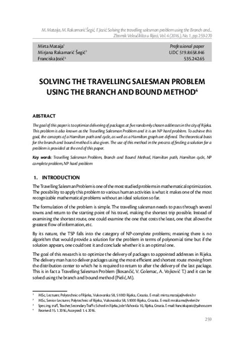 Pdf Solving The Travelling Salesman Problem Using The Branch And Bound Method