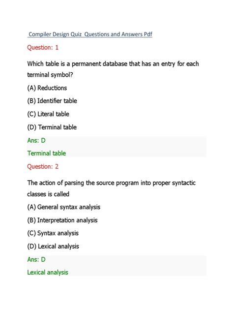 Compiler Design Quiz Questions And Answers Pdf