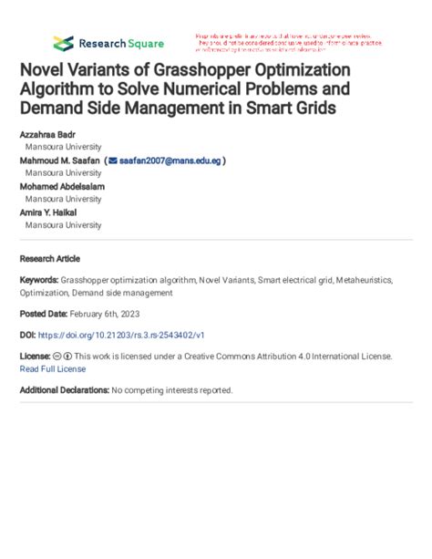 Pdf Novel Variants Of Grasshopper Optimization Algorithm To Solve Numerical Problems And