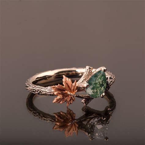 Tree Branch And Maple Leaf Moss Agate Engagement Ring Twig And Maple Leaf Moss Agate Ring Etsy