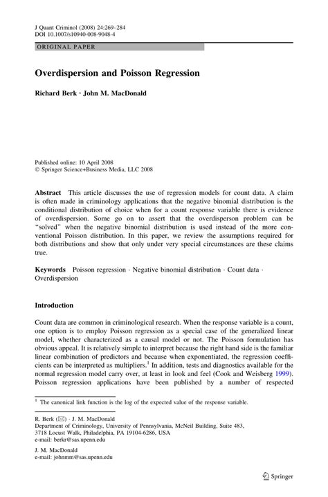 Pdf Overdispersion And Poisson Regression