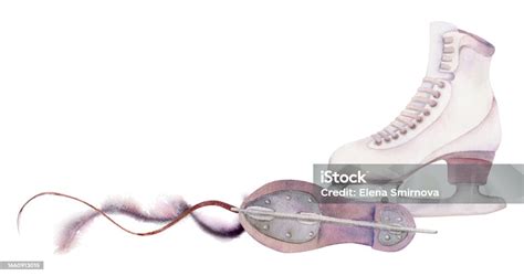 손으로 그린 수채화 코너 피겨 스케이팅 부츠 한 켤레 얼음 트레일 소용돌이 겨울 스포츠 그림 격리된 프레임 구성 흰색 배경