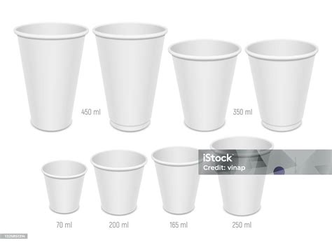 벡터 의 세트 사실적 빈 일회용 커피 컵 자판기와 테이크 아웃 음료를위한 오픈 빈 용기의 다양한 크기 폴리스티렌에 대한 스톡