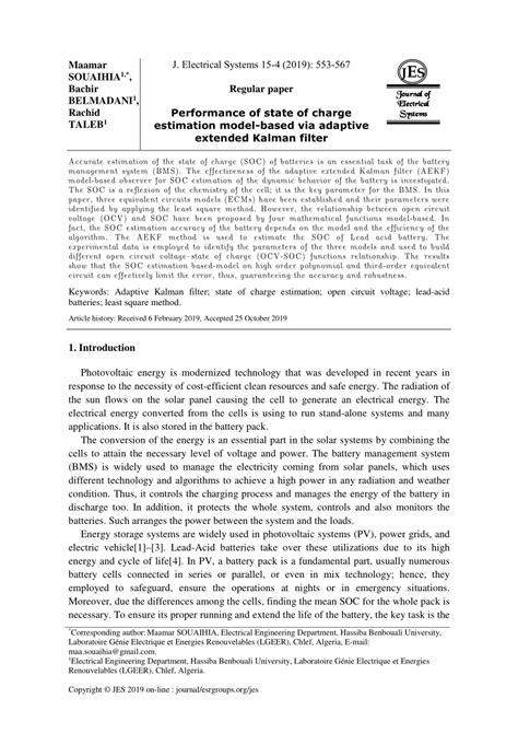 Pdf Performance Of State Of Charge Estimation Model Based Via Adaptive Extended Kalman Filter