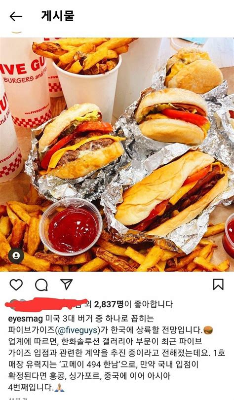 파이브 가이즈 햄버거 한국 상륙 예정 오픈이슈갤러리 인벤