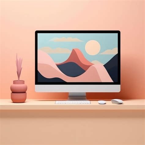 Pc 또는 노트북 화면의 모형에는 밝은 색상 파스텔 Generative Ai의 그림이 포함되어 있습니다 프리미엄 사진