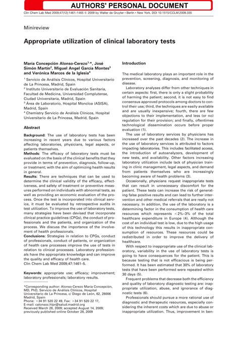 Pdf Appropriate Utilization Of Clinical Laboratory Tests