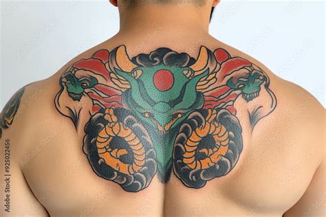Neo Traditional Body Tattoo With Vibrant Colors And Bold Outlines Of Mythical Creatures Neo