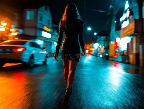 Young Woman Walking Down Empty City Street At Night Stock Illustration
