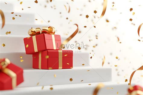 흰색 계단의 빨간 선물 상자
