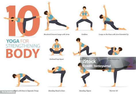 10 요가 포즈 또는 아사나 자세 체력 개념의 운동 신체 스트레칭을 위해 운동하는 여성 피트니스 인포그래픽 플랫 만화 벡터 요가에 대한 스톡 벡터 아트 및 기타 이미지