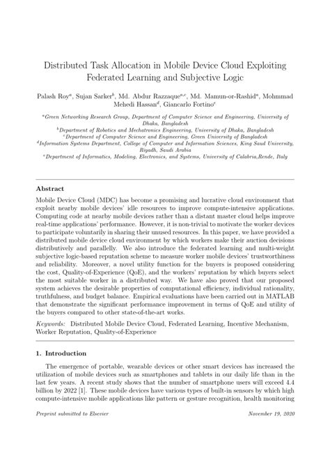 Pdf Distributed Task Allocation In Mobile Device Cloud Exploiting Federated Learning And