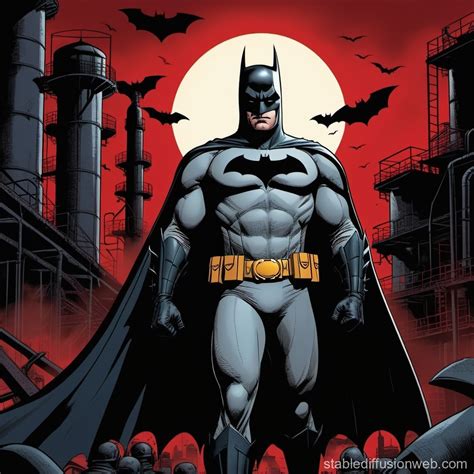 Batman In Shadowy Industrial Building With Red Sky Stable Diffusion