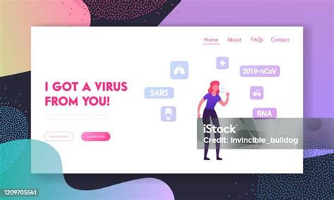코로나 바이러스 증상 예방 및 치료 웹 사이트 방문 페이지 아픈 여자 기침 2019ncov Rna와 사스 얼굴 마스크 폐 및 의료 크로스 웹 페이지 배너 만화 플랫 벡터