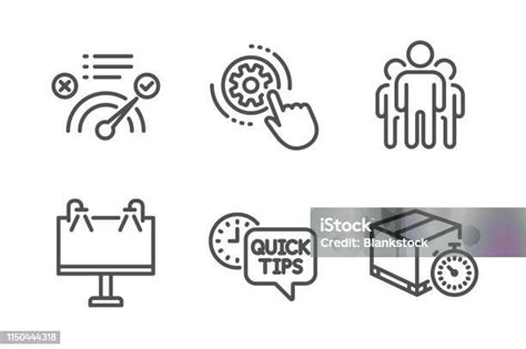 그룹도로 배너 및 정답 아이콘을 설정 합니다 톱니바퀴 설정 빠른 팁 및 배달 타이머 표지판 벡터 고급에 대한 스톡 벡터 아트 및