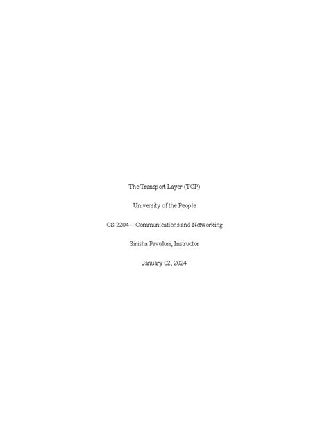 Assignment Unit 7 The Transport Layer TCP University Of The People
