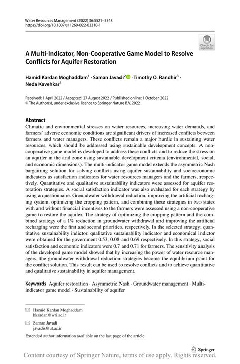 A Multi Indicator Non Cooperative Game Model To Resolve Conflicts For Aquifer Restoration