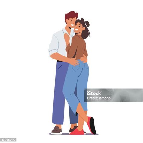 사랑하는 커플 로맨틱 한 관계 개념 행복한 남자와 여자 포옹과 포옹 연인 캐릭터 로맨스 데이트 감정에 대한 스톡 벡터 아트 및