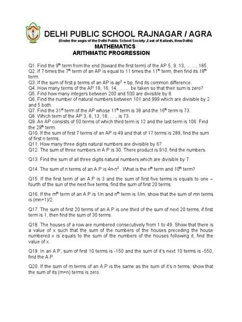 Arithmatic Progression Practice Questions Pdf