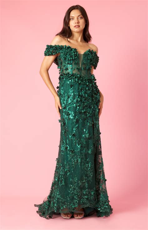 Emerald Green Long Formal Off The Shoulder 3d Floral Corset Dress For 1290 The Dress Outlet