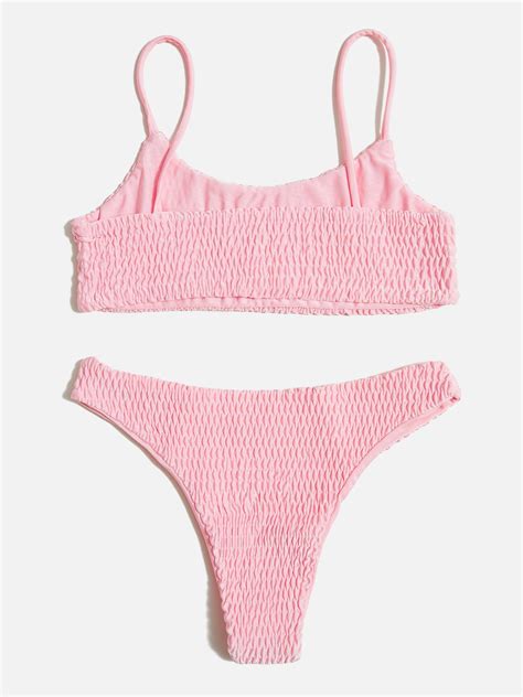 Emmiol Free Shipping 2025 Smocked Low Rise Bikini Set Pink S In Bikini