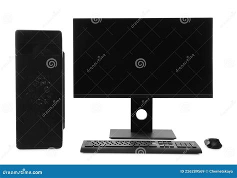 Modern Computer Monitor With Black Screen System Unit Keyboard And