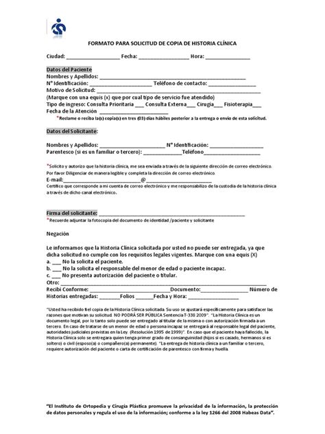 Formato Para Solicitud De Copia De Historia Clinica Pdf