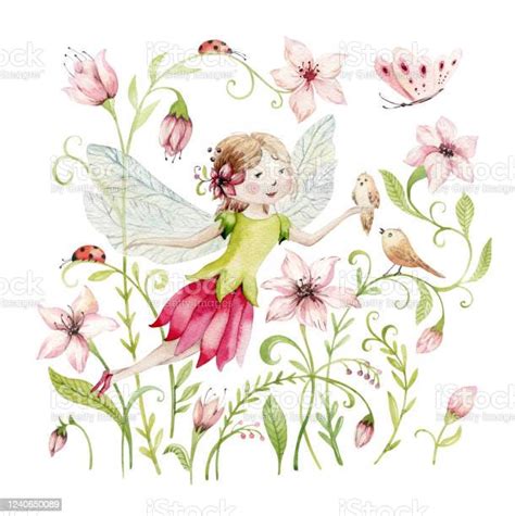 흰색 배경에 귀여운 요정 캐릭터 수채화 그림 매직 판타지 만화 핑크 동화 디자인입니다 아기 소녀 생일 요정 의상에 대한 스톡 벡터 아트 및 기타 이미지 Istock