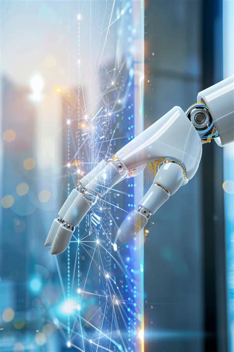 Robot And Human Hands Touching On A Network Connection Background With Big Data Visualization