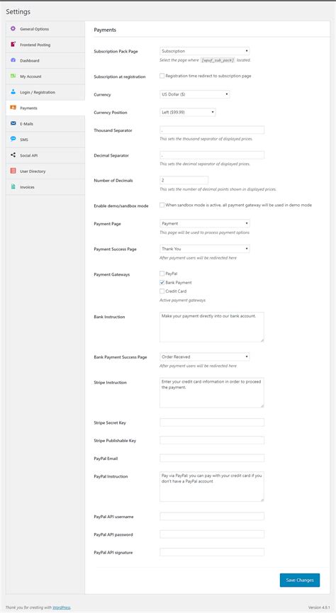 payment and gateway settings of wp user frontend wedevs