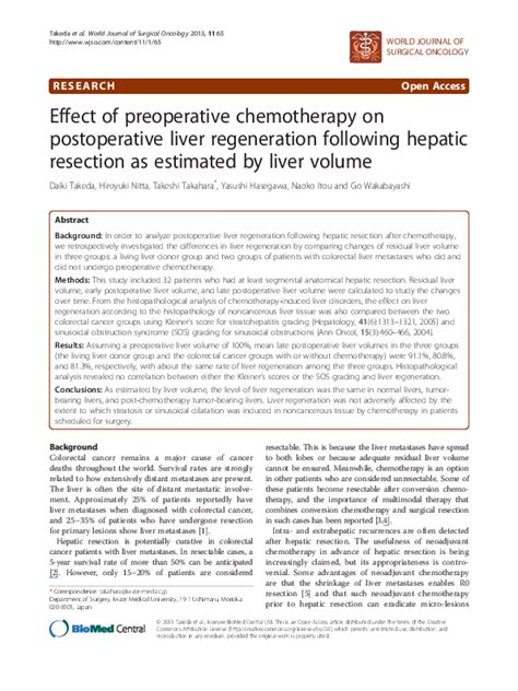 Pdf Effect Of Preoperative Chemotherapy On Postoperative Liver Regeneration Following Hepatic