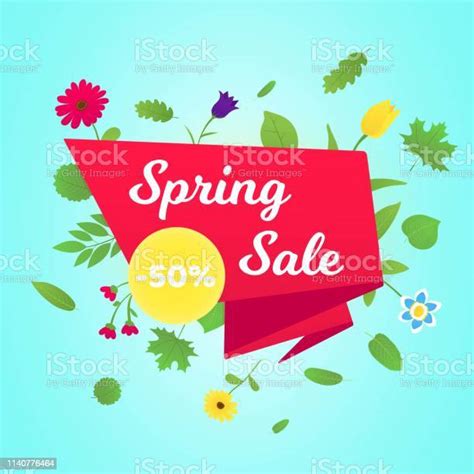 봄 판매 벡터 배너 또는 포스터 그라데이션 평면 스타일 디자인 벡터 일러스트 레이 션 텍스트 봄 판매 녹색 나뭇잎과 하늘 배경에 고립 주위에 아름 다운 Flovers와 거