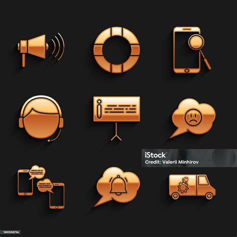 설정 정보 말풍선 채팅 알림 자동차 서비스 슬픈 미소 채팅 메시지 모바일 남자 헤드셋 휴대 전화 진단 및 확성기 아이콘 벡터 Brand Name Online