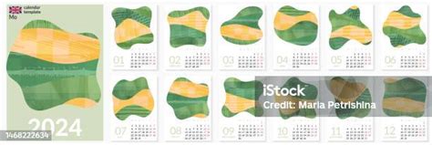 클래식 월간 2024 에코 그린 캘린더 모형 또는 24년 농업 칼렌더 템플릿 한 주가 월요일에 시작됩니다 수직 생태 플래너 레이아웃 유럽 영어 그레고리력 연간 달력 달력에