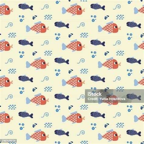 생생한 수중 패턴으로 파도 사이를 헤엄치는 장난기 많은 물고기를 특징으로 하는 다채로운 벡터 일러스트레이션 놀이에 대한 스톡